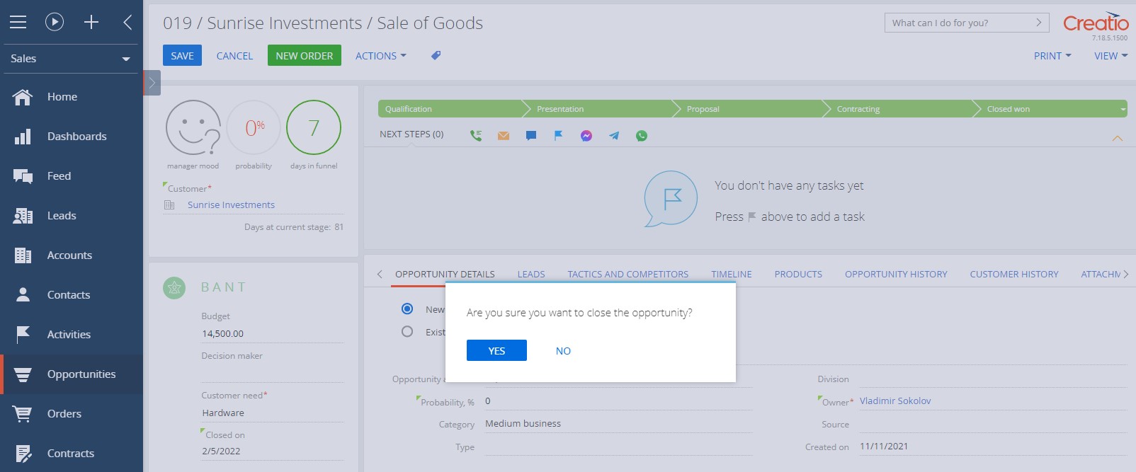 Lead/Opportunity stage confirmation for Creatio | Creatio Marketplace