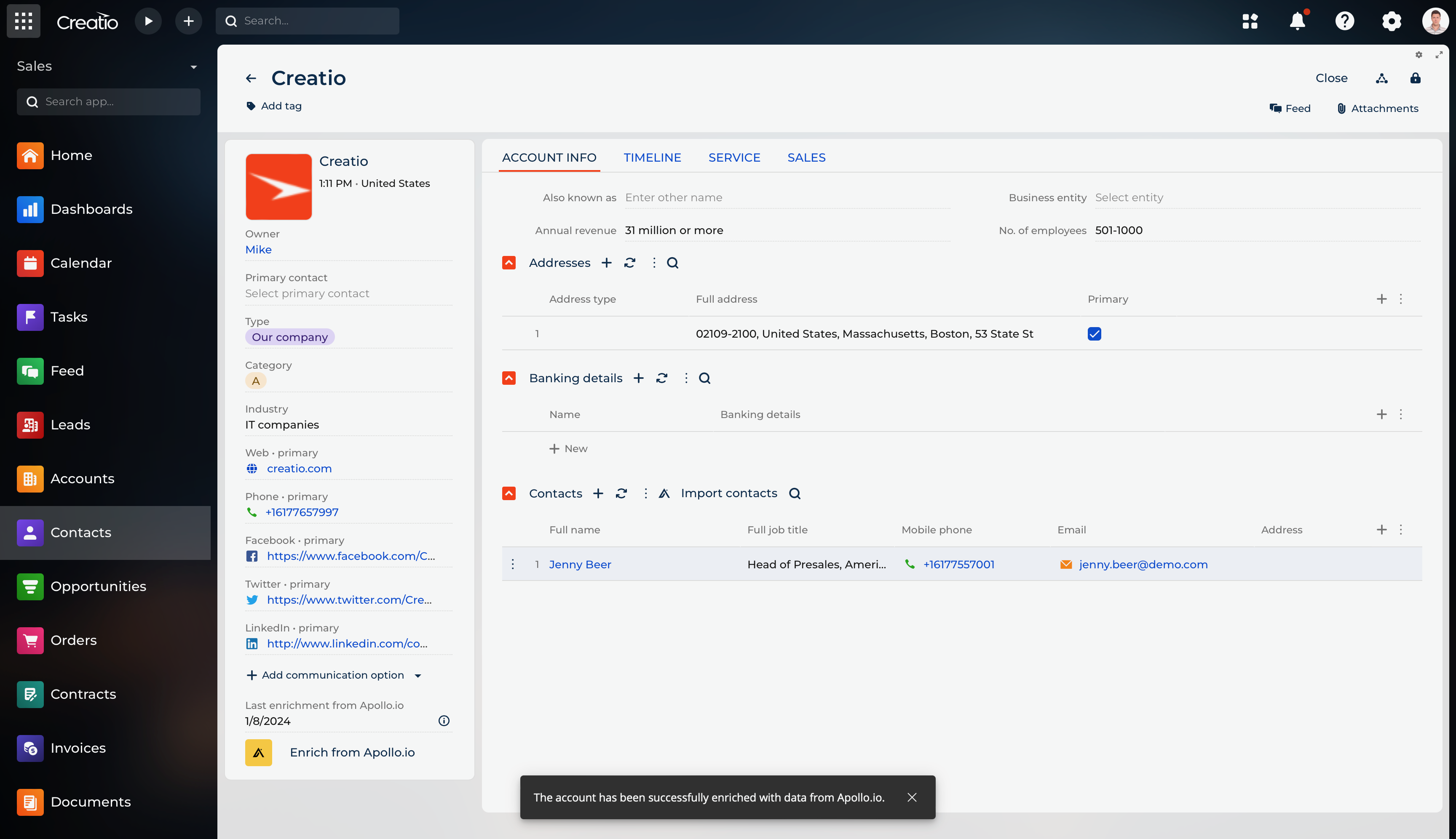 Apollo.io connector for Creatio | Creatio Marketplace